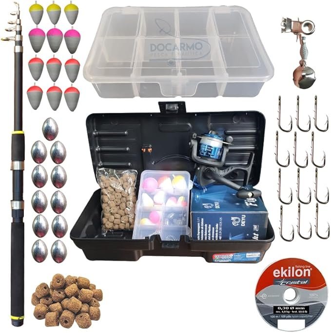 Kit de Pesca Completo Vara Telescópica 2,40m Molinete Itens DoCarmo Masculino 12 Unidades ...